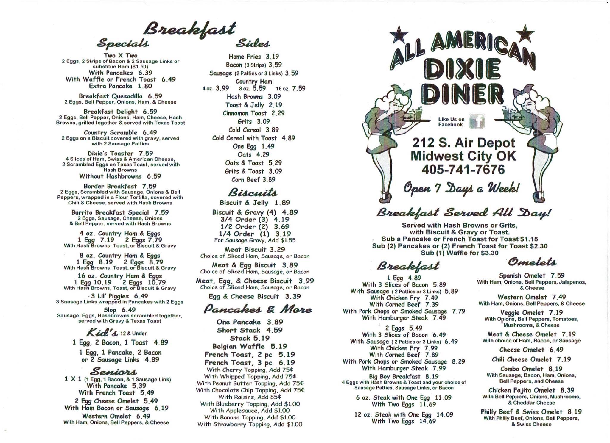 Menu at All American Diner restaurant, Midwest City, 212 S Air Depot Blvd