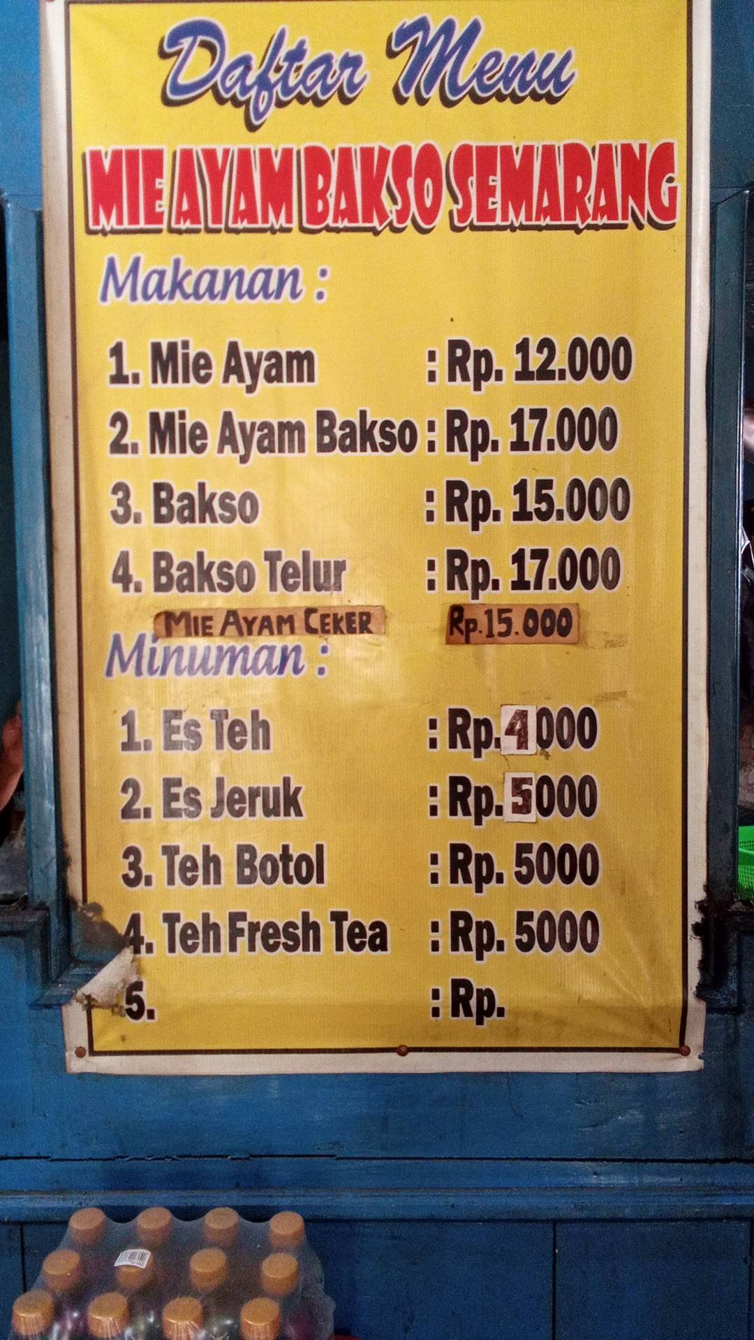 Menu at Mie Ayam Bakso Khas Semarang restaurant, Indonesia
