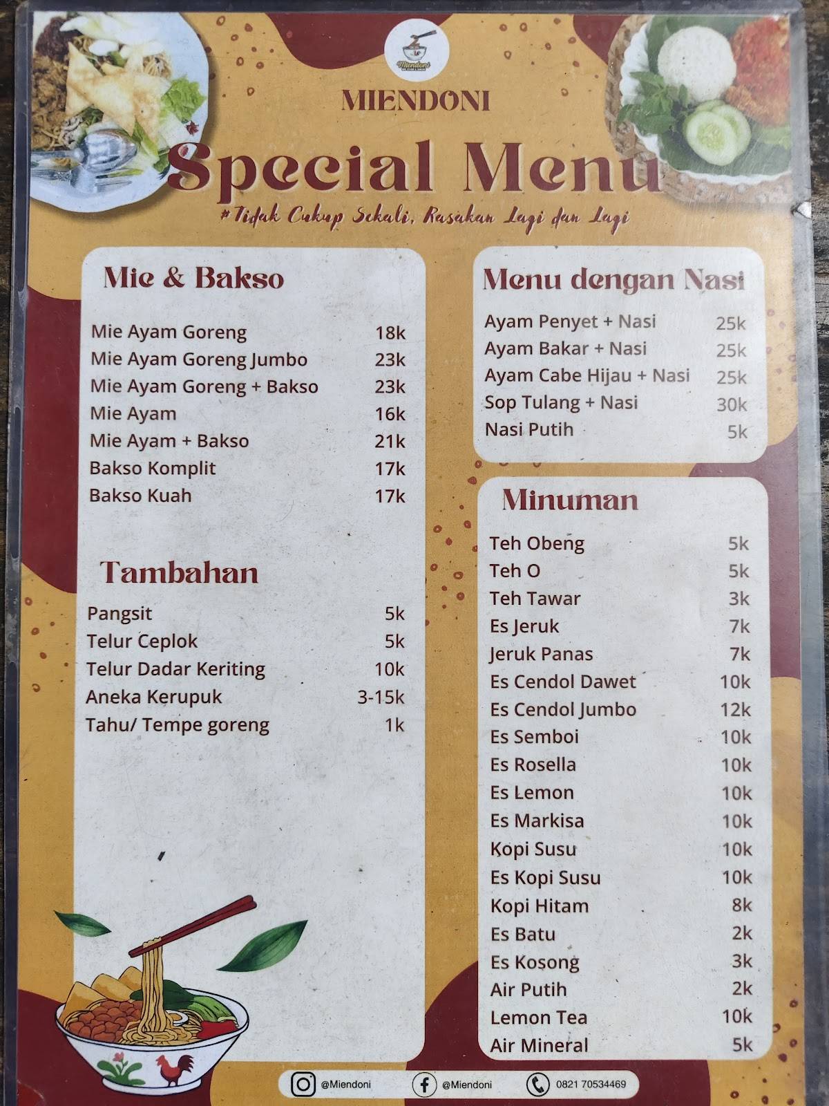 Menu at Miendoni Mie Ayam Goreng restaurant, Batam