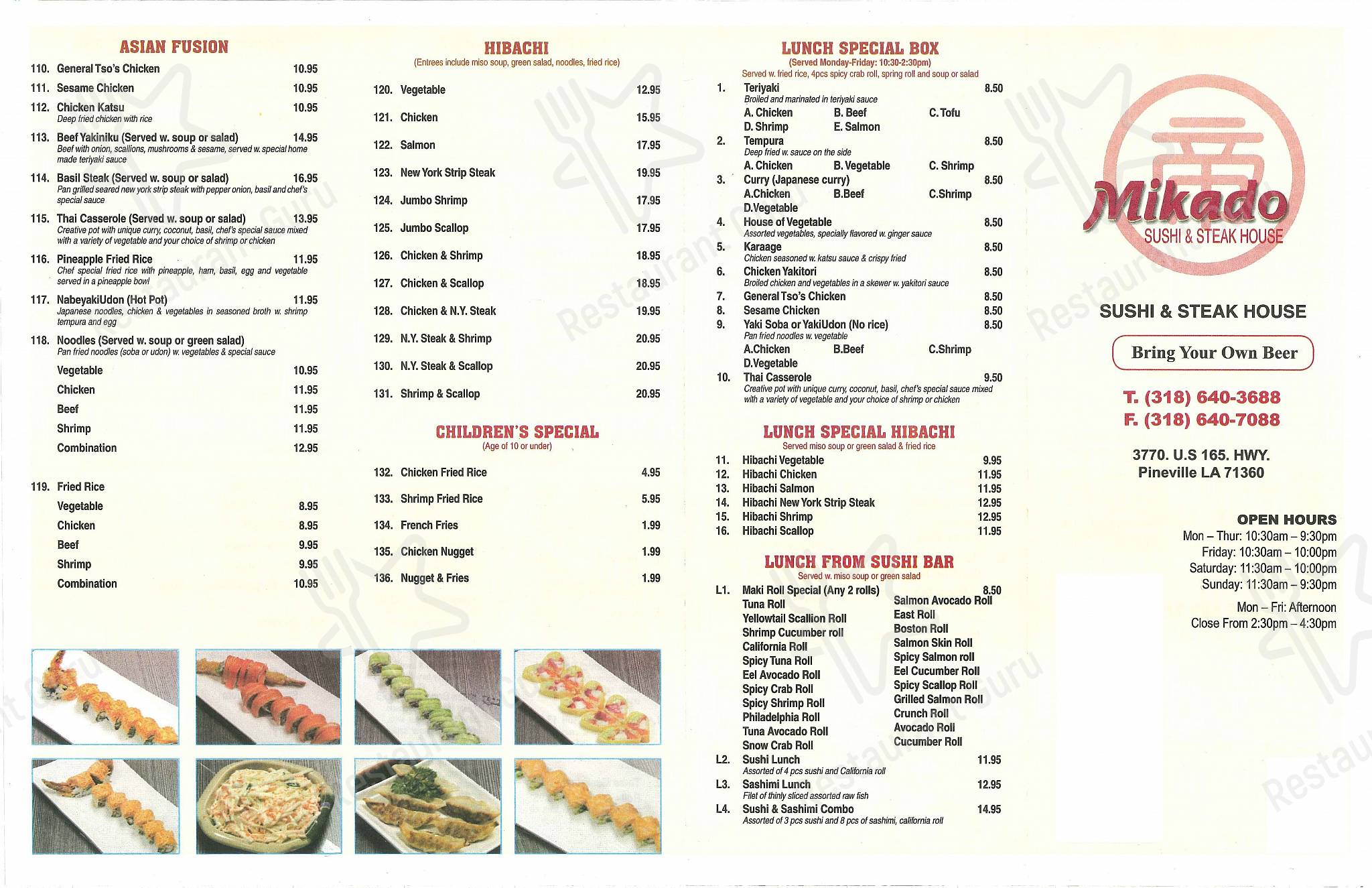 Menu at Mikado Sushi & Steak House restaurant, Pineville