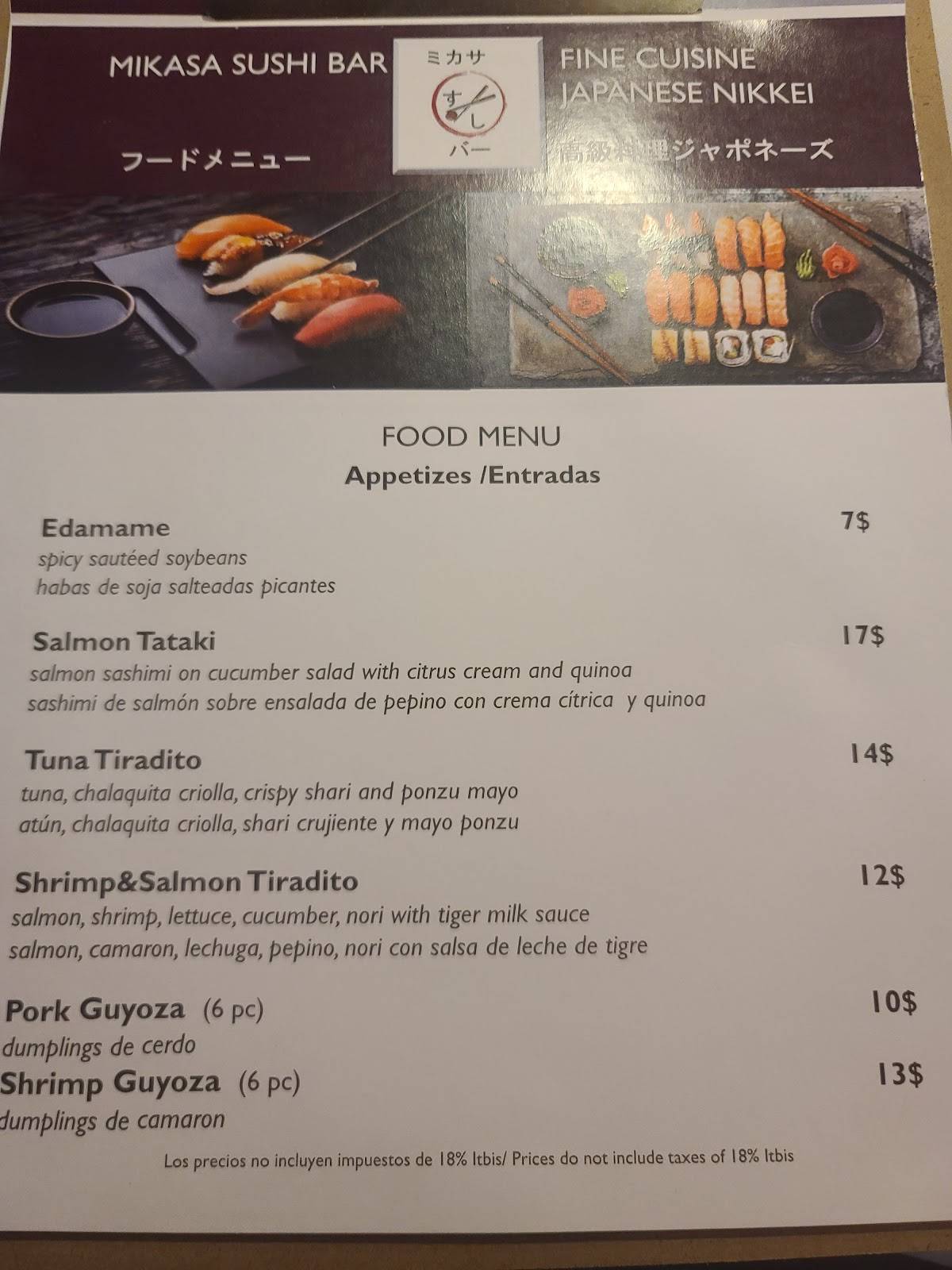 Menu at Mikasa Japanese Restaurant, Puerto Plata