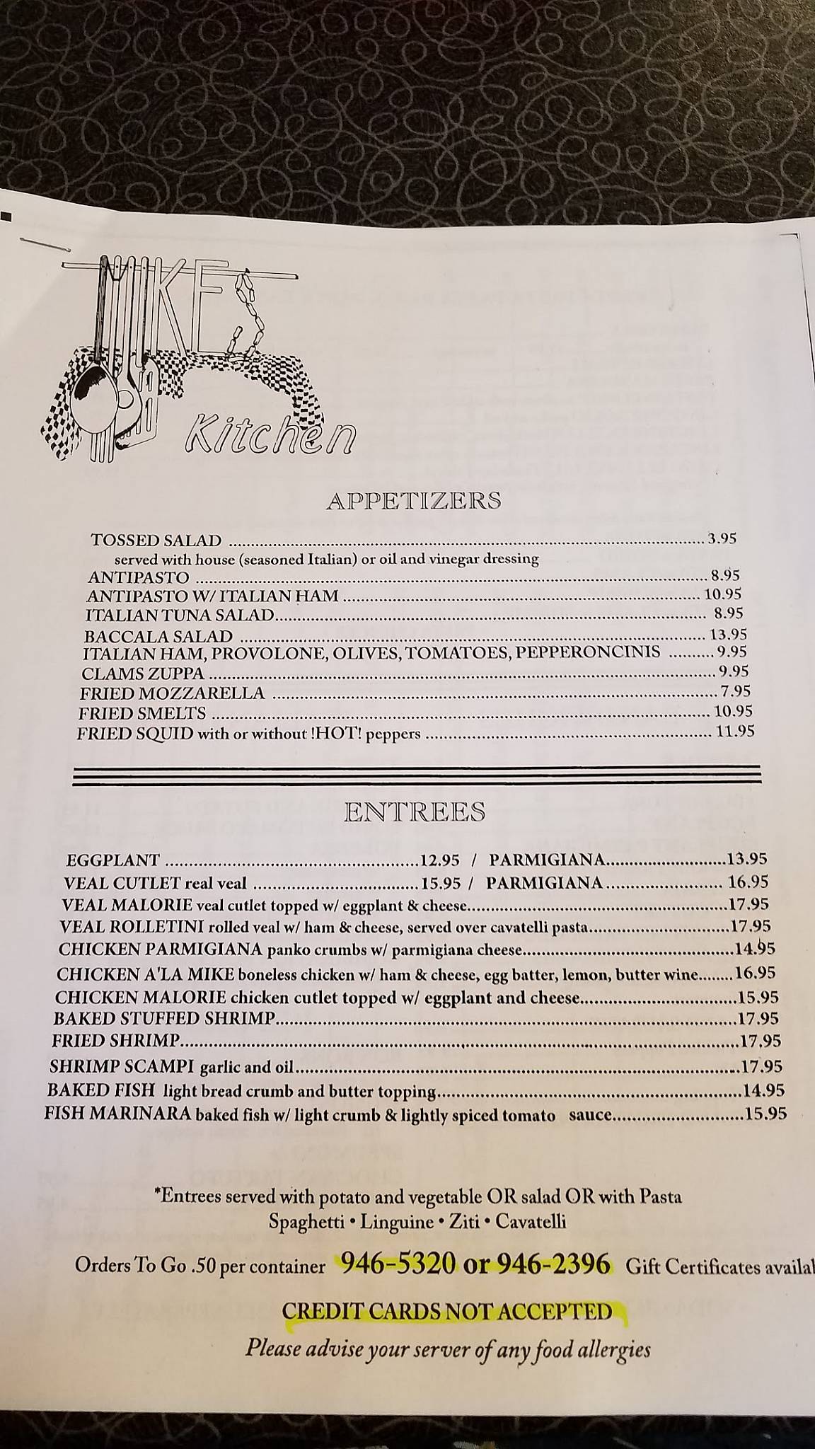 Menu at Mike's Kitchen restaurant, Cranston