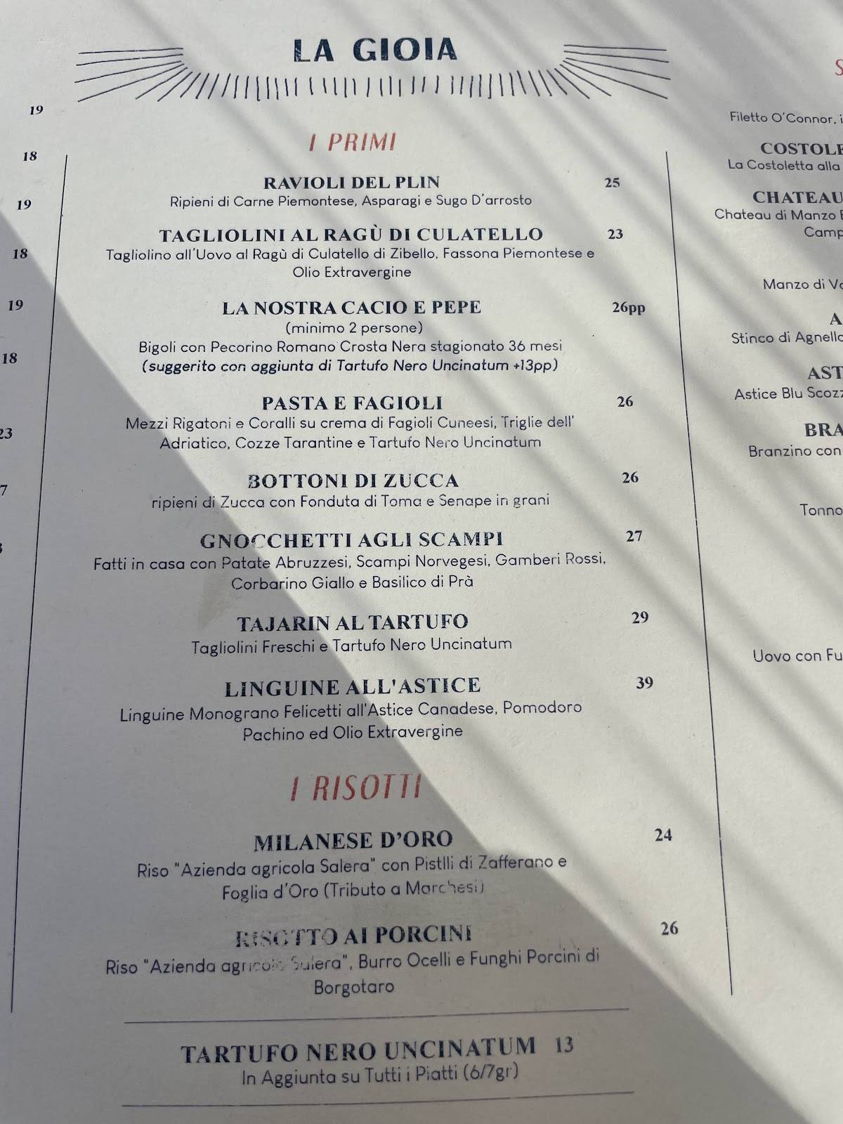 Menu da La Gioia ristorante, Milano