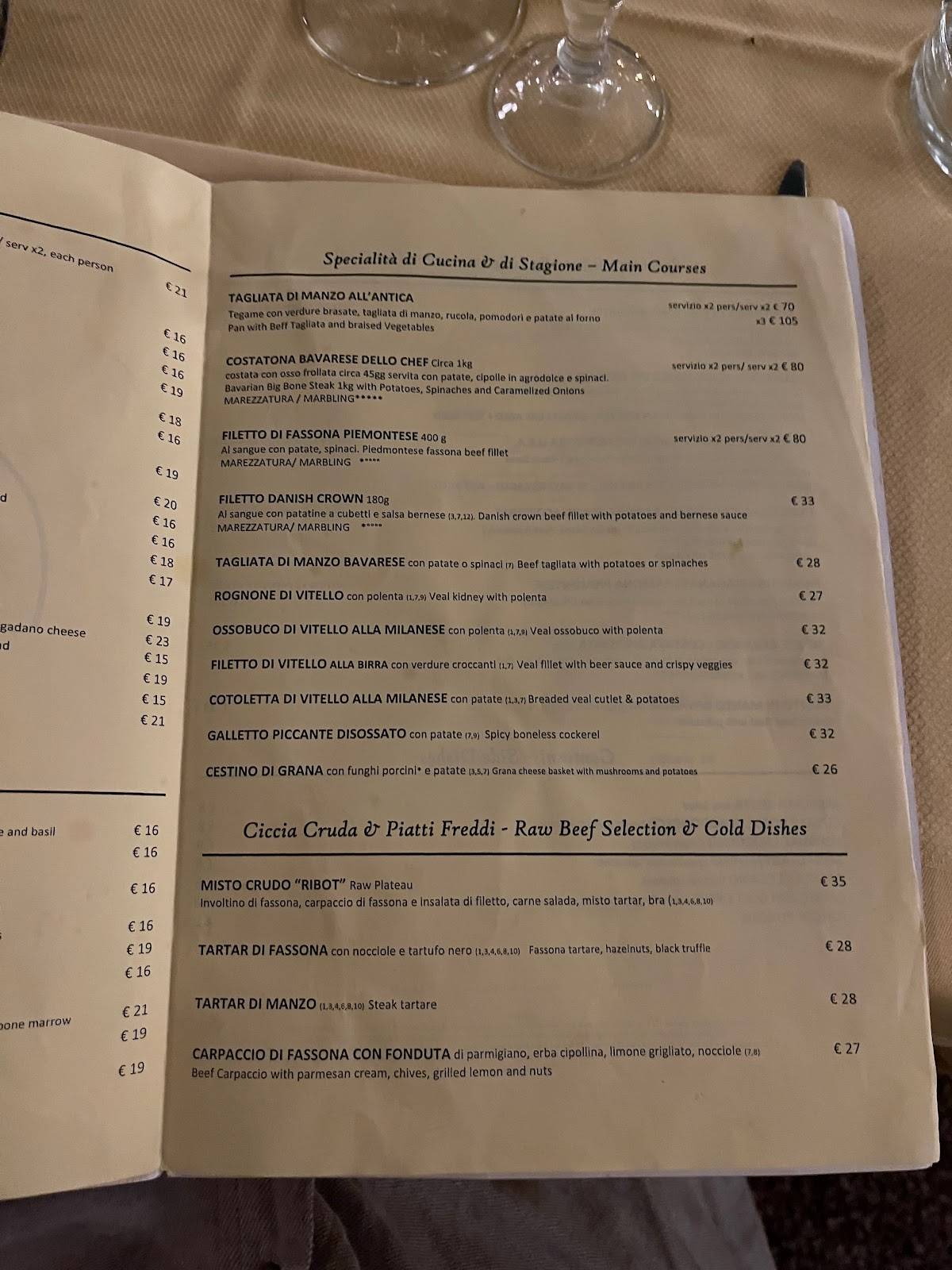 Menu at Ribot Restaurant, Milan
