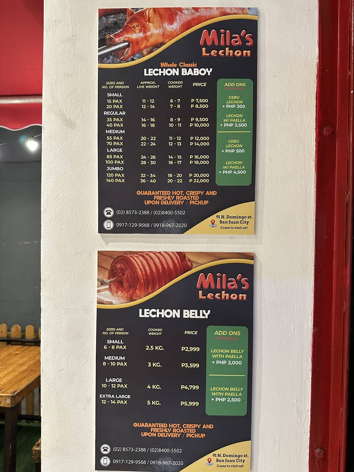 Menu at Mila's Lechon restaurant, San Juan