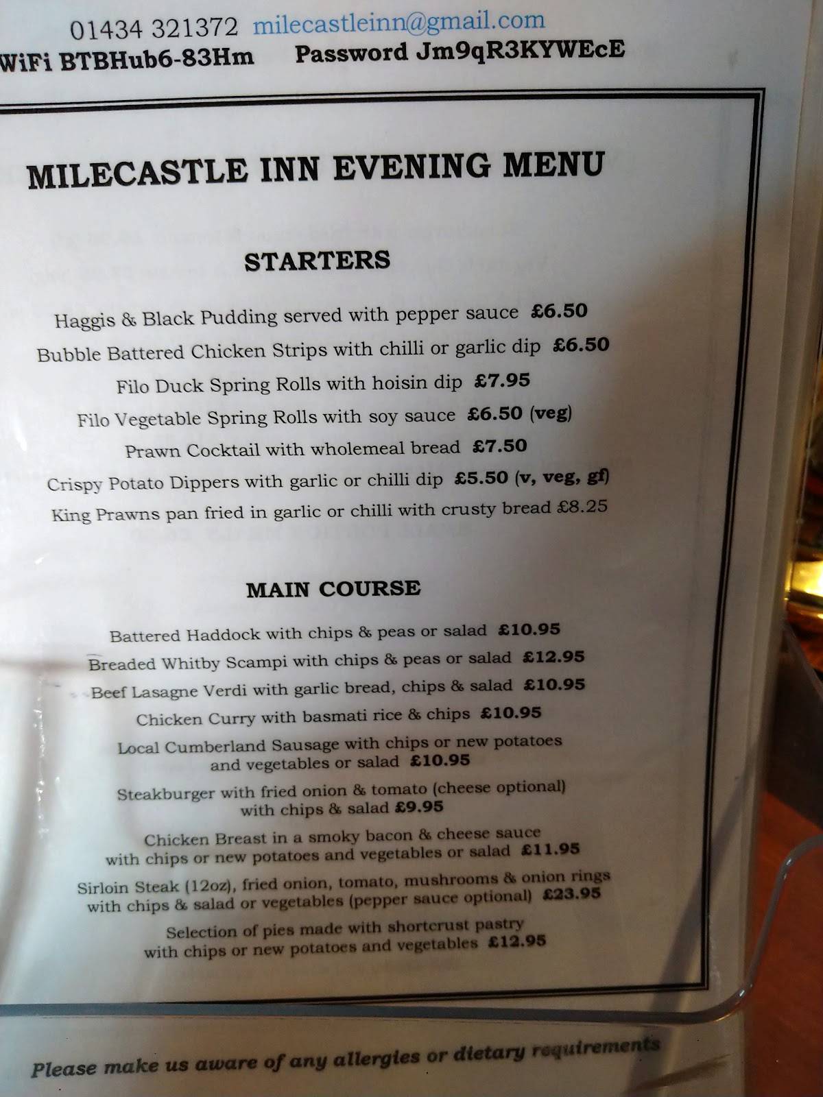 Menu at Milecastle Inn pub & bar, Haltwhistle