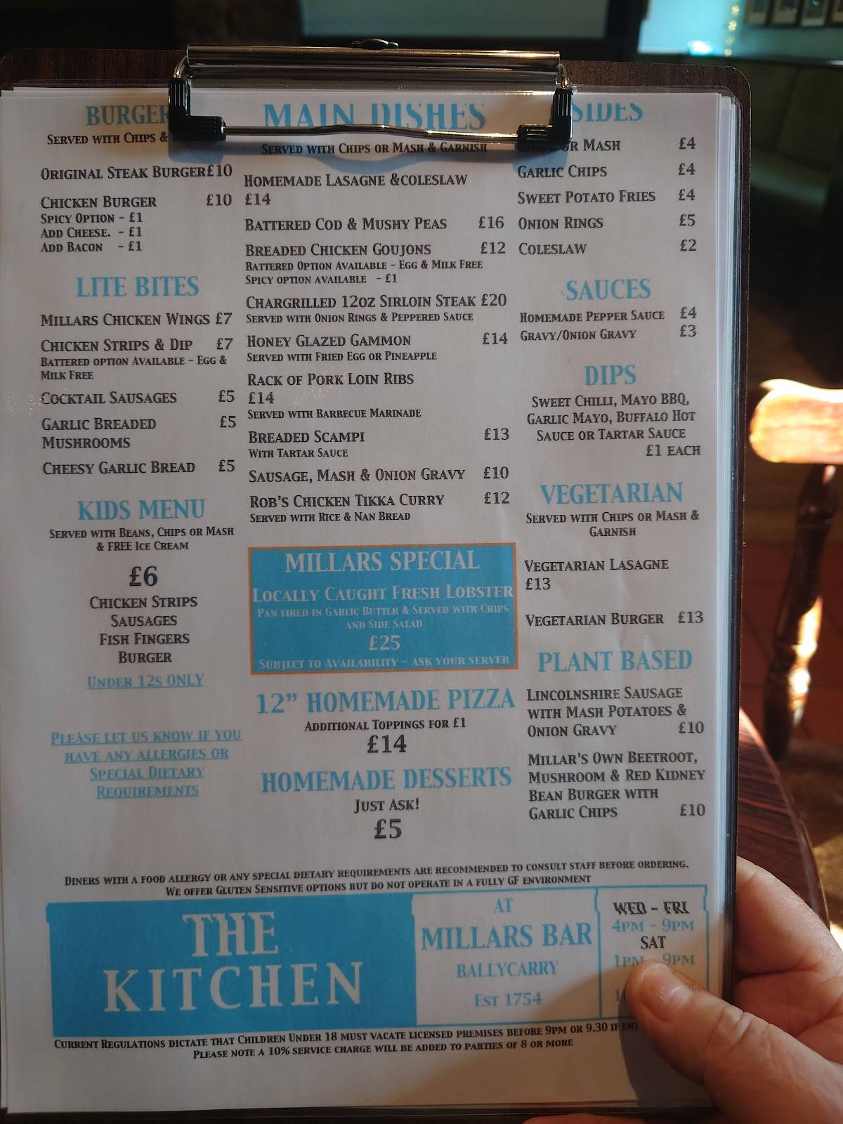Menu at Millars Bar Ballycarry, Carrickfergus