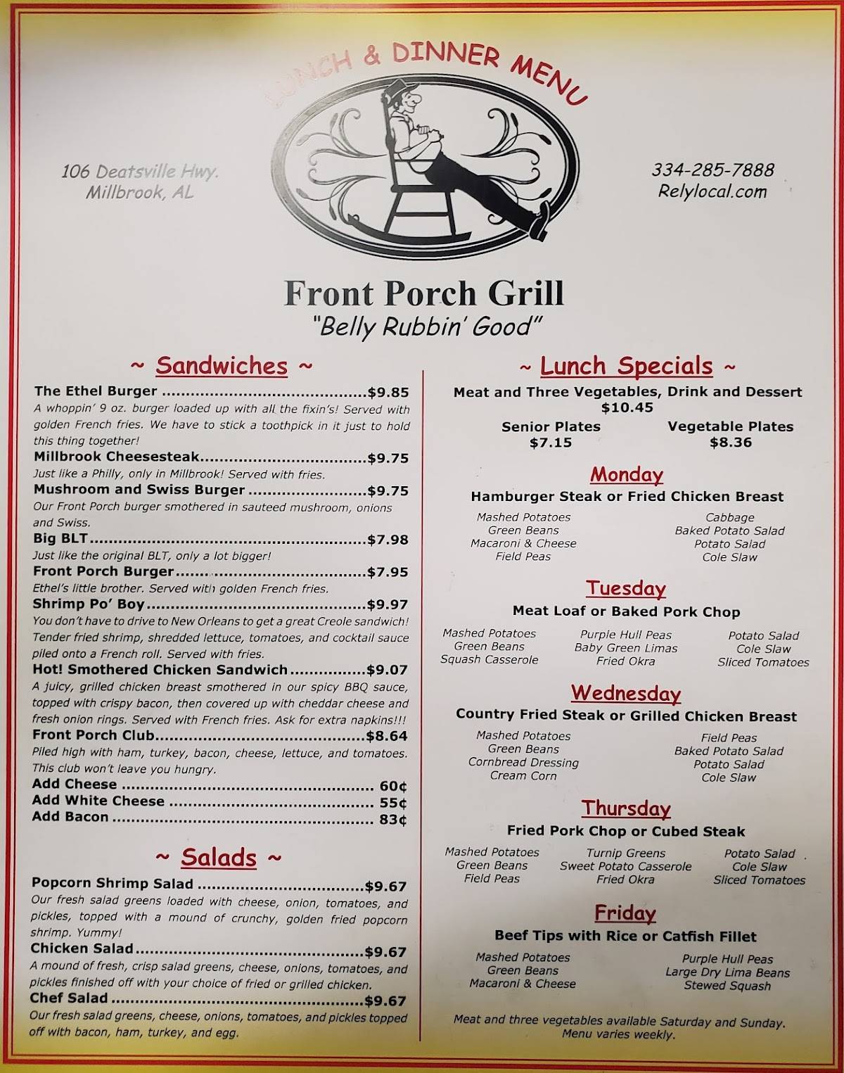 Menu at Front Porch Grill restaurant, Millbrook