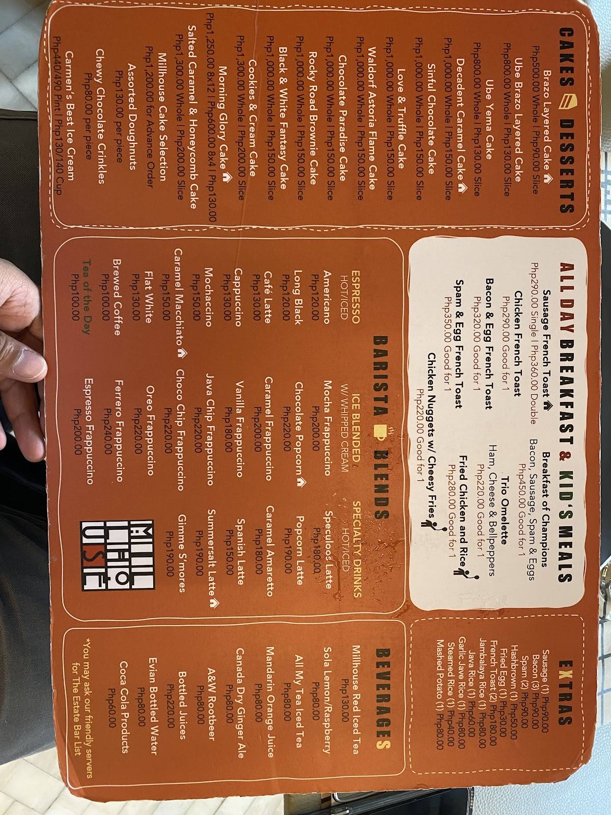 Menu at Millhouse restaurant, Baliuag