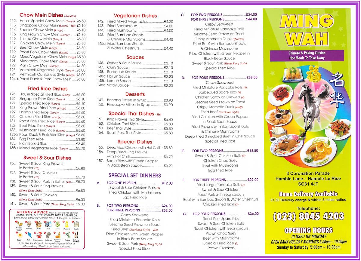 Menu at Ming Wah fast food, Southampton