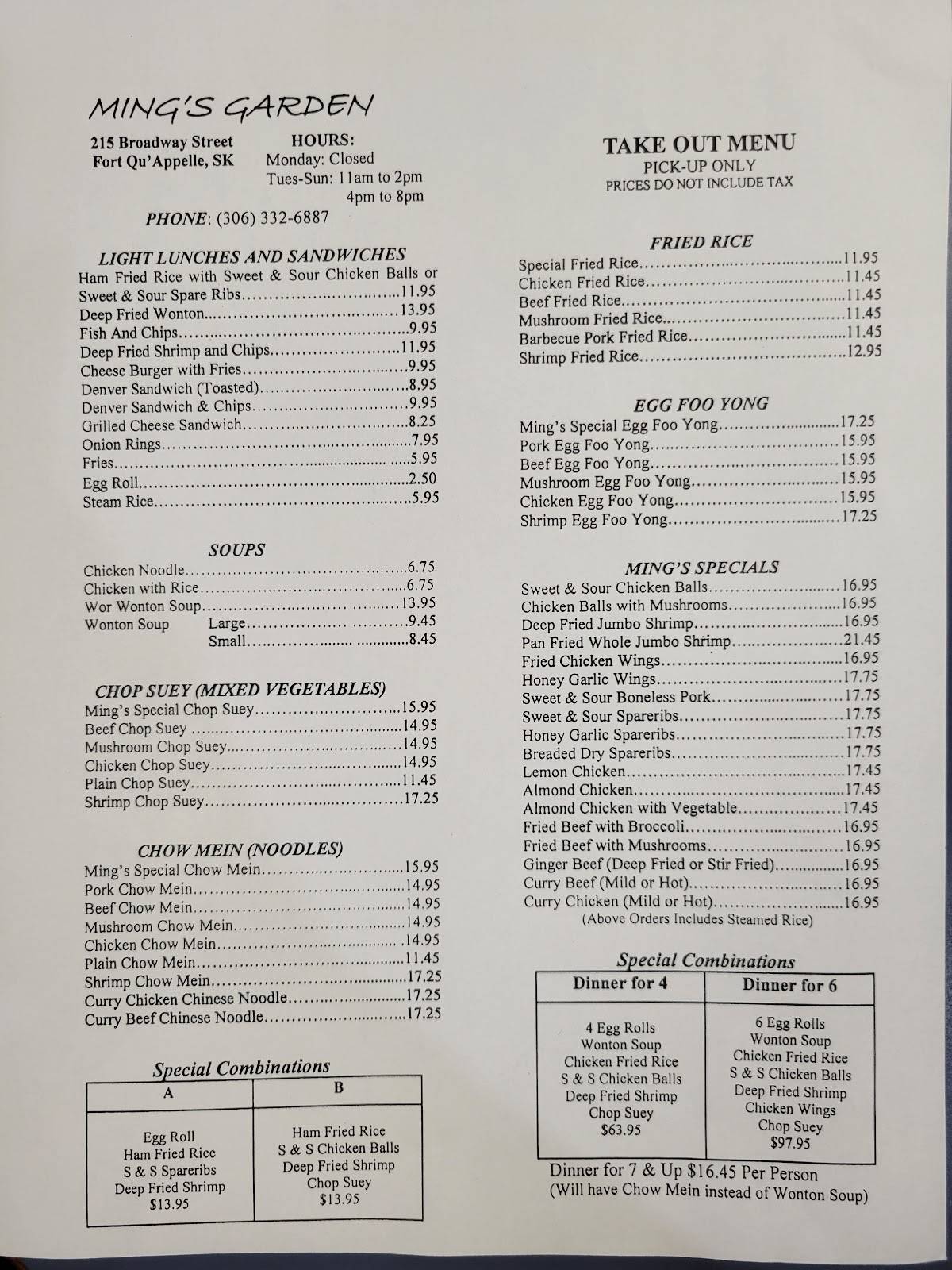 Menu at Ming's Garden restaurant, Fort Qu'Appelle