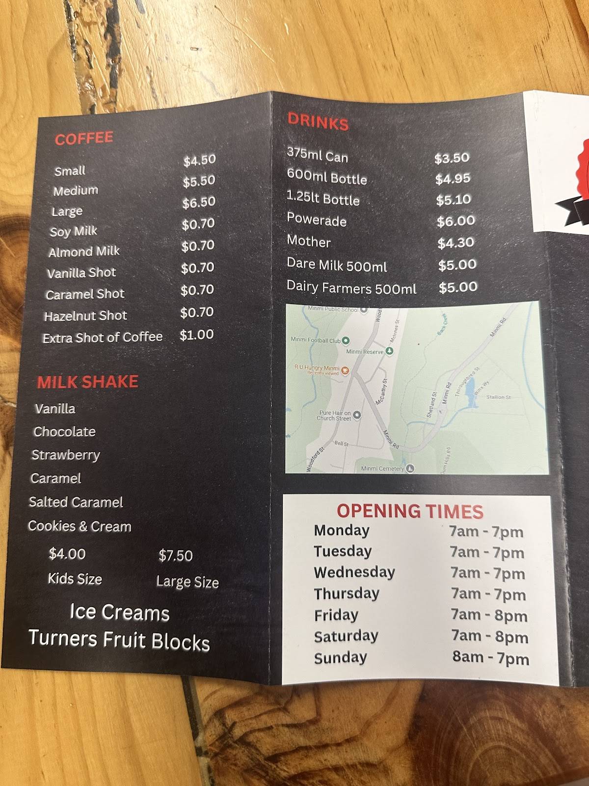 Menu at Minmi Cafe, Minmi
