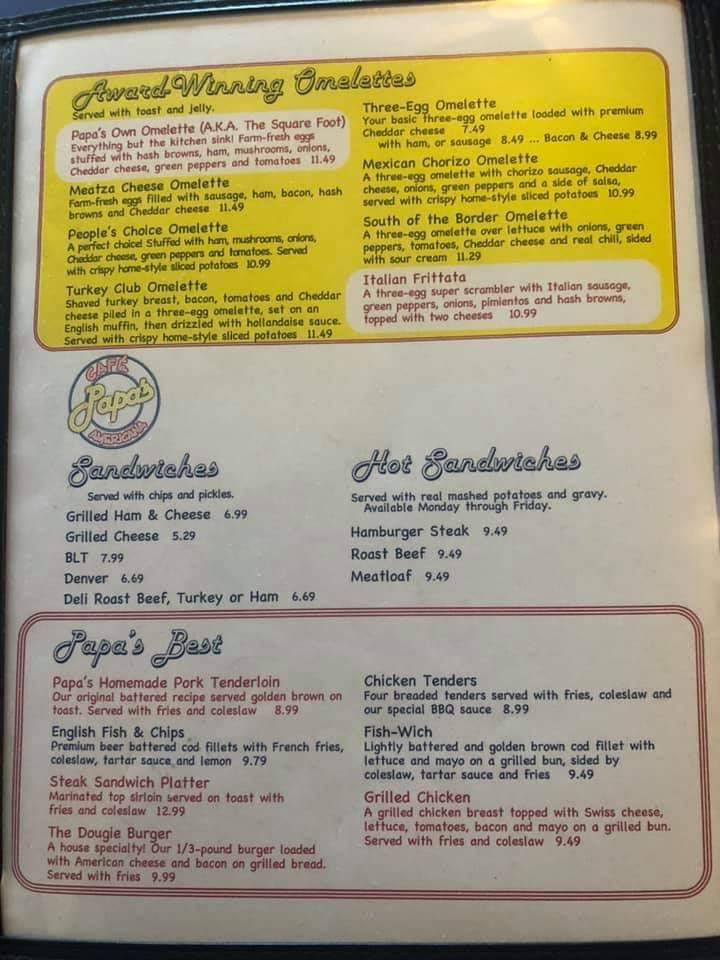 Menu at Papa's Cafe, Minneapolis