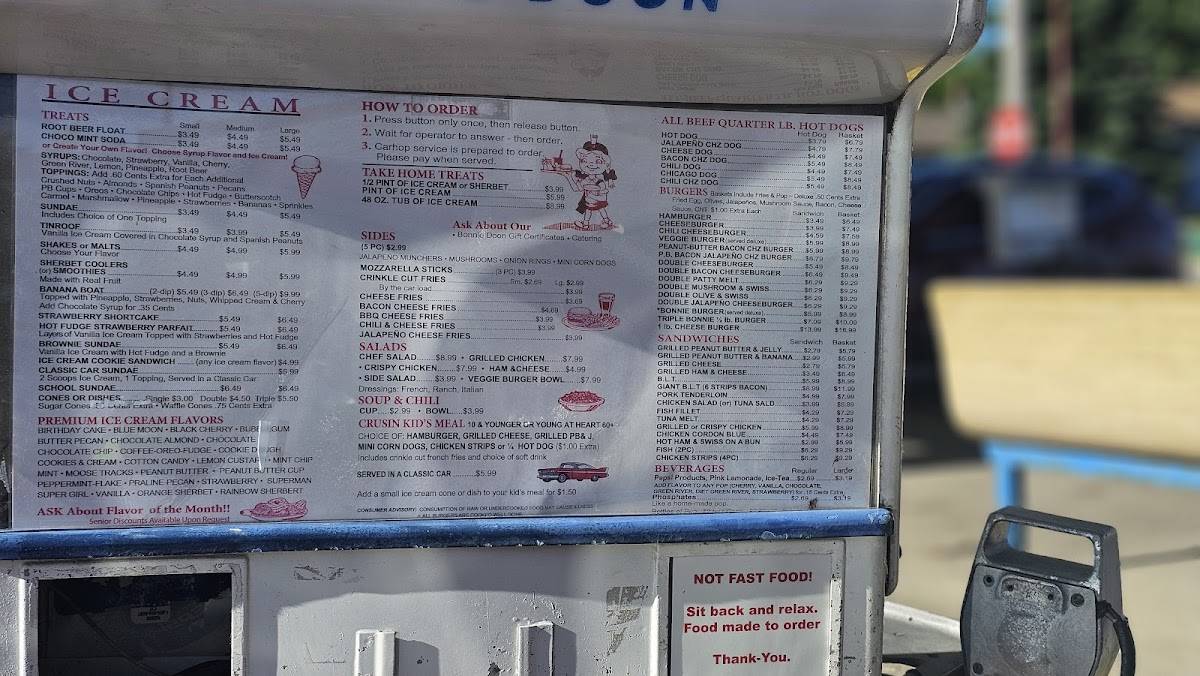 Menu at Bonnie Doon Drive-In restaurant, Mishawaka