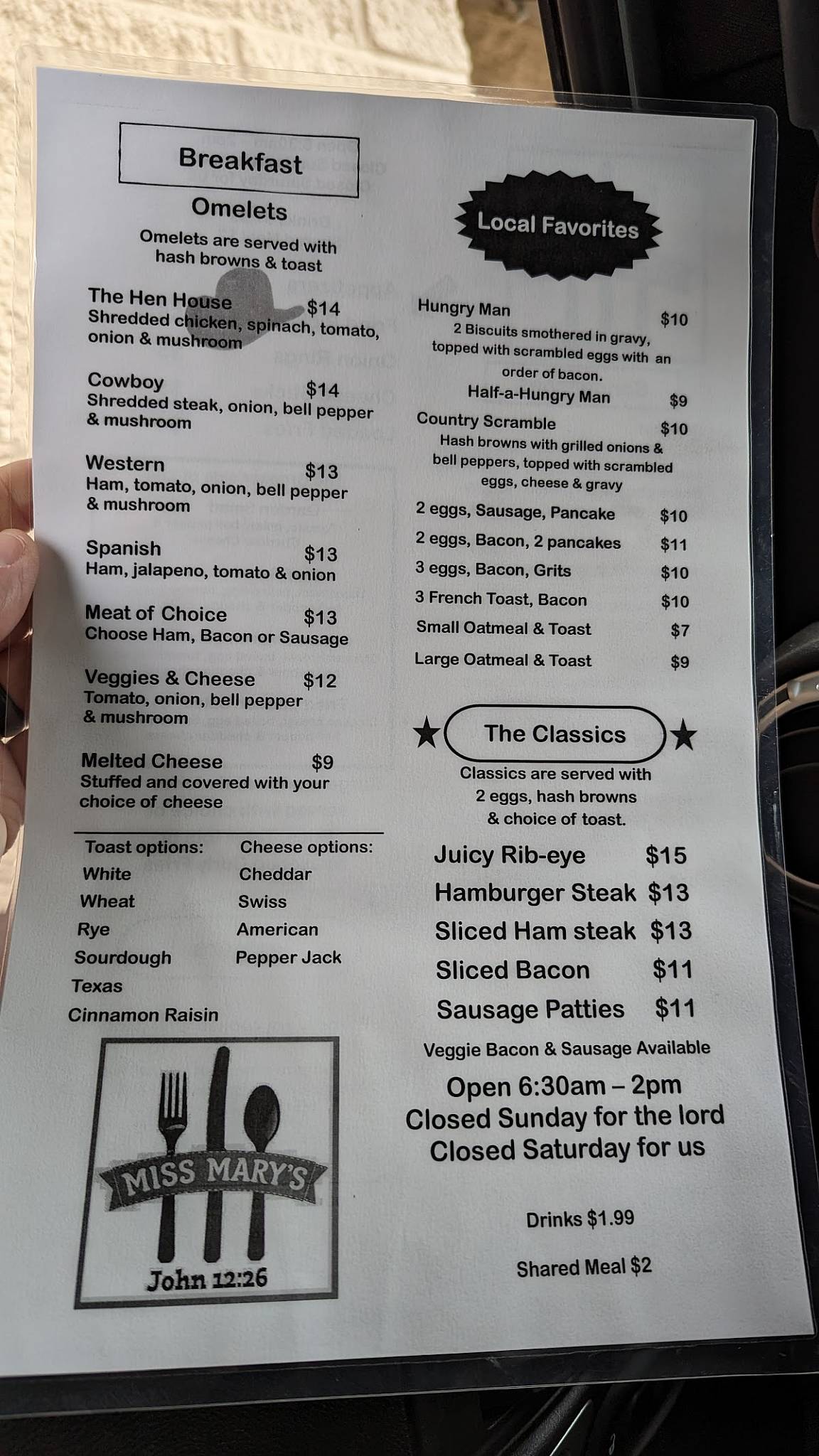 Menu at Miss Mary's restaurant, Gentry