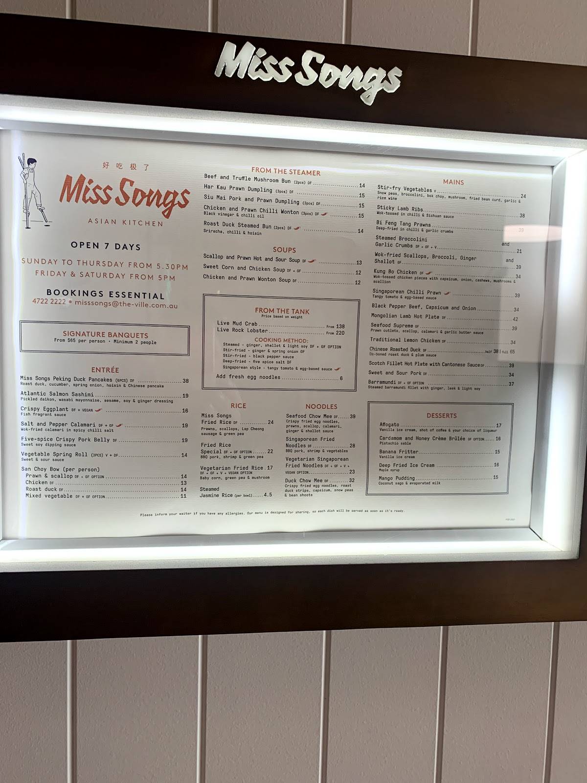 Menu at Miss Songs Asian Kitchen restaurant, Townsville City
