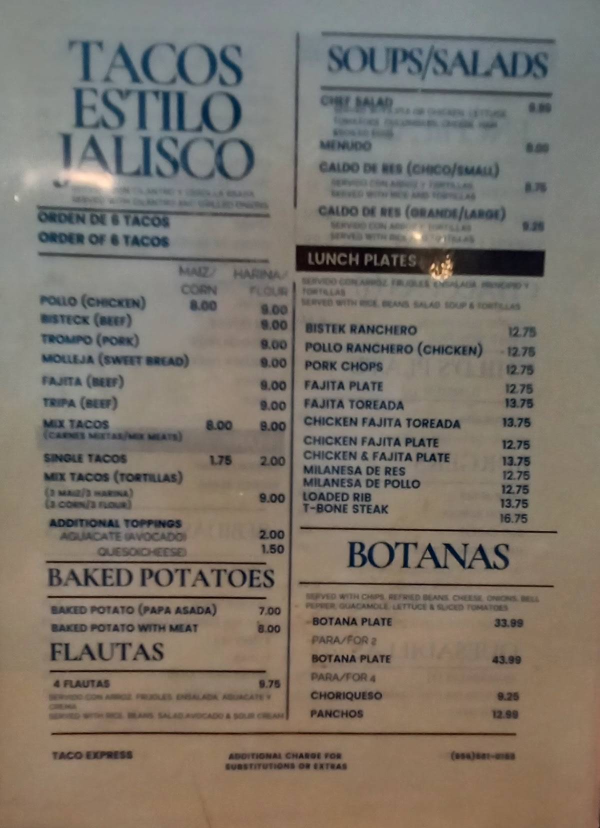 Menu at Taco Express restaurant, Palmview, 105 E Veterans Dr