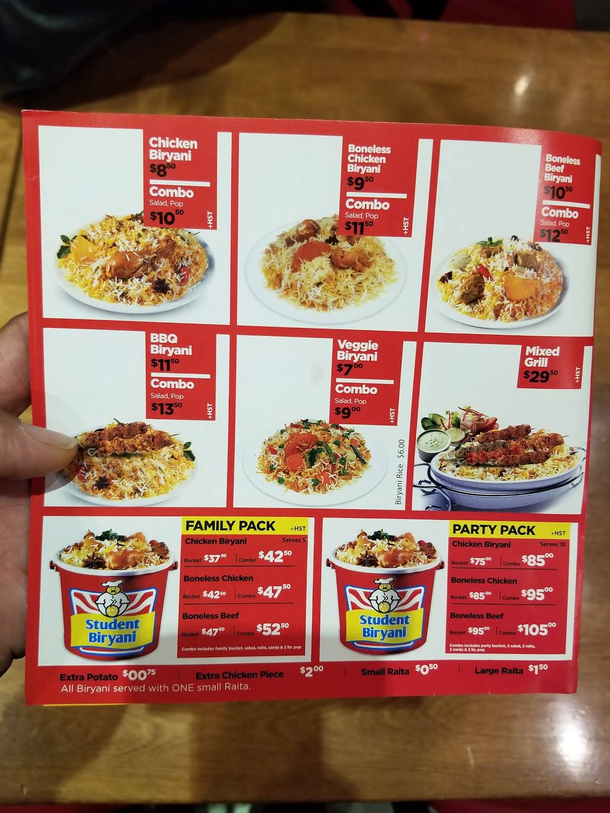 Menu at Student Biryani restaurant, Mississauga, Dream Crest Rd