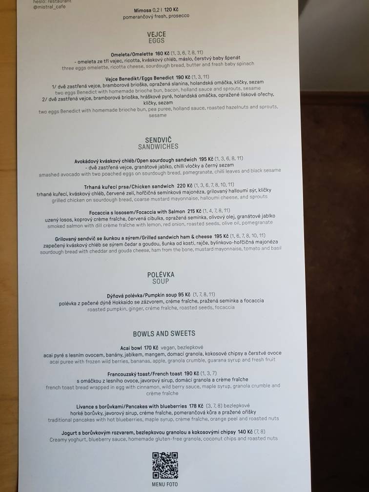 Menu at Mistral Cafe, Prague