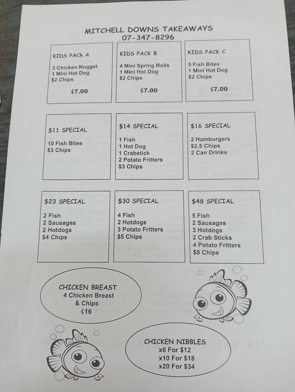 Menu at Mitchell Downs Takeaways & Dairy restaurant, Rotorua