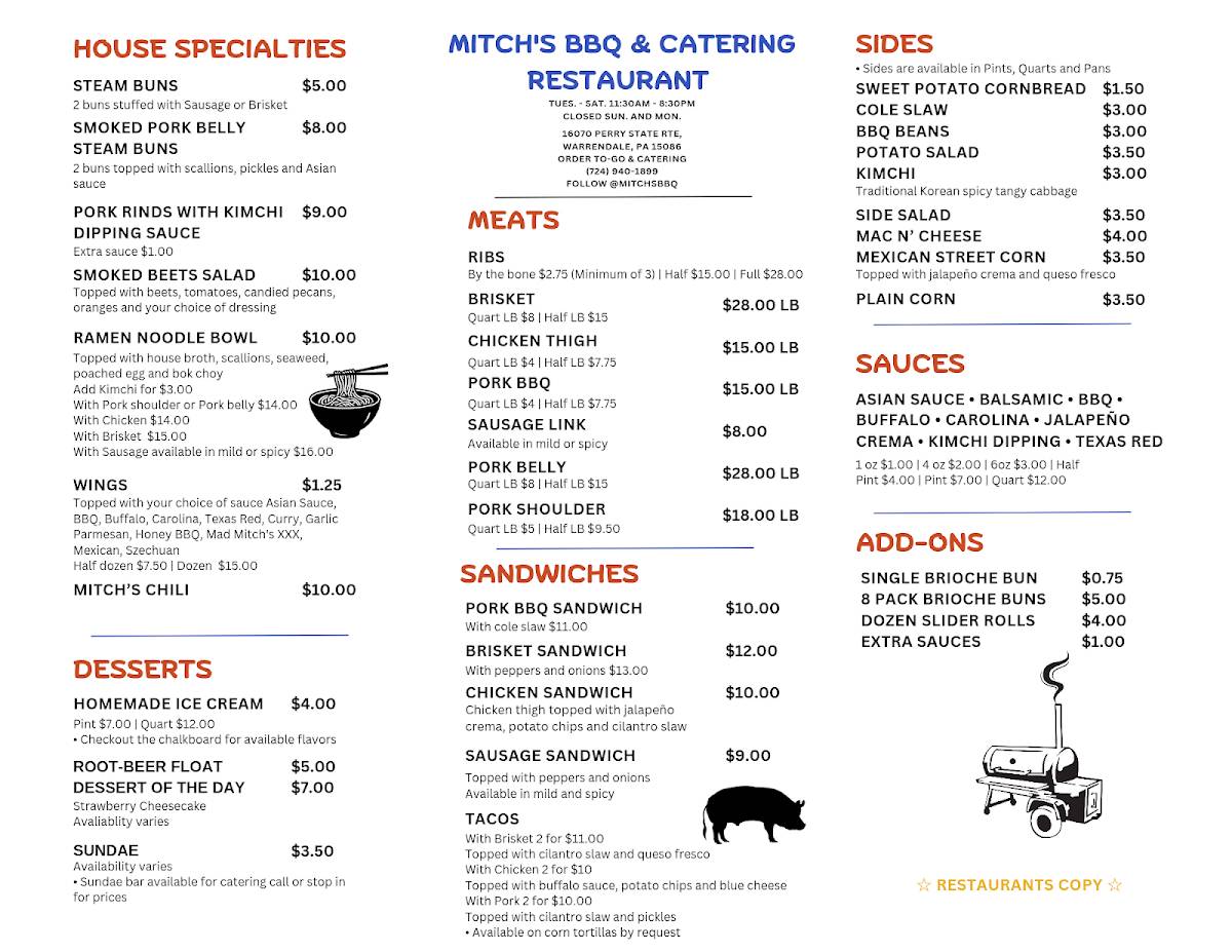 Menu at Mitch's Barbeque Restaurant & Catering, Warrendale