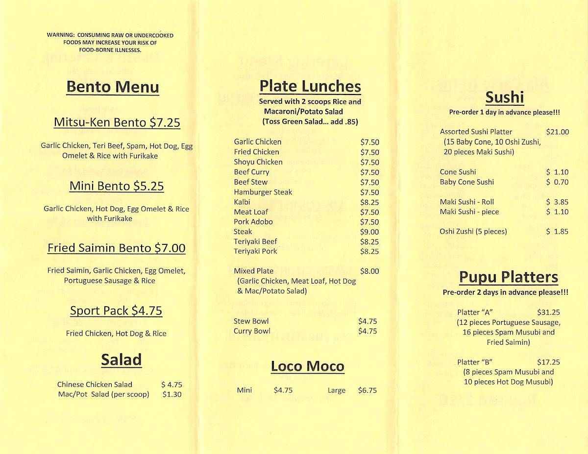 Menu at Mitsu-Ken fast food, Honolulu, N King St