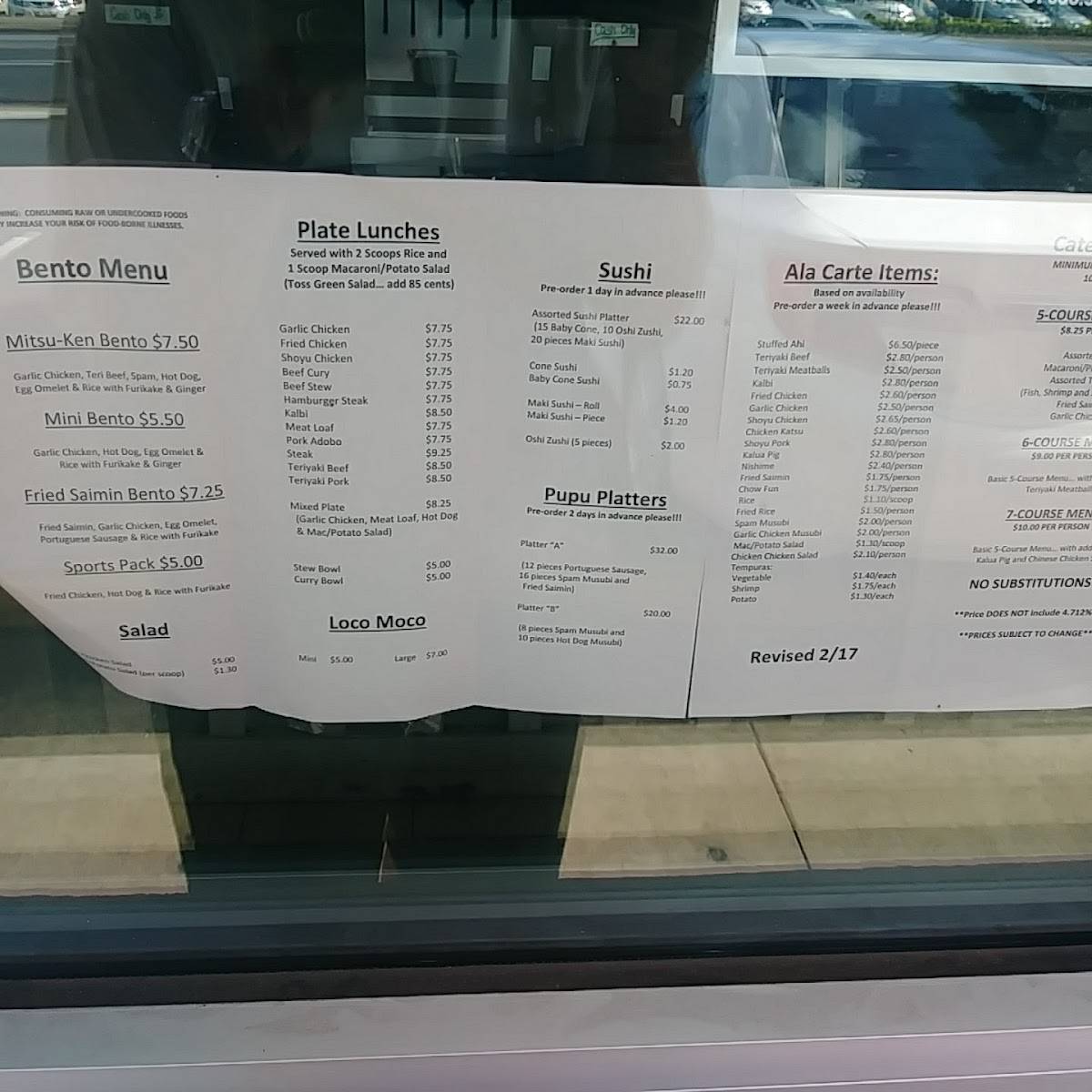 Menu at Mitsu-Ken fast food, Honolulu, N King St