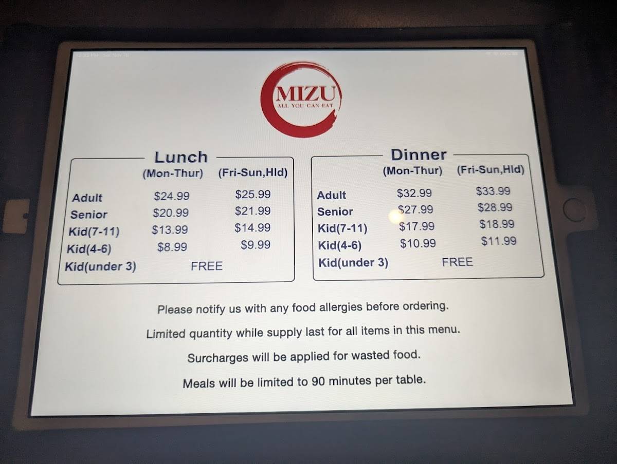 Menu at Mizu All You Can Eat restaurant, Halifax