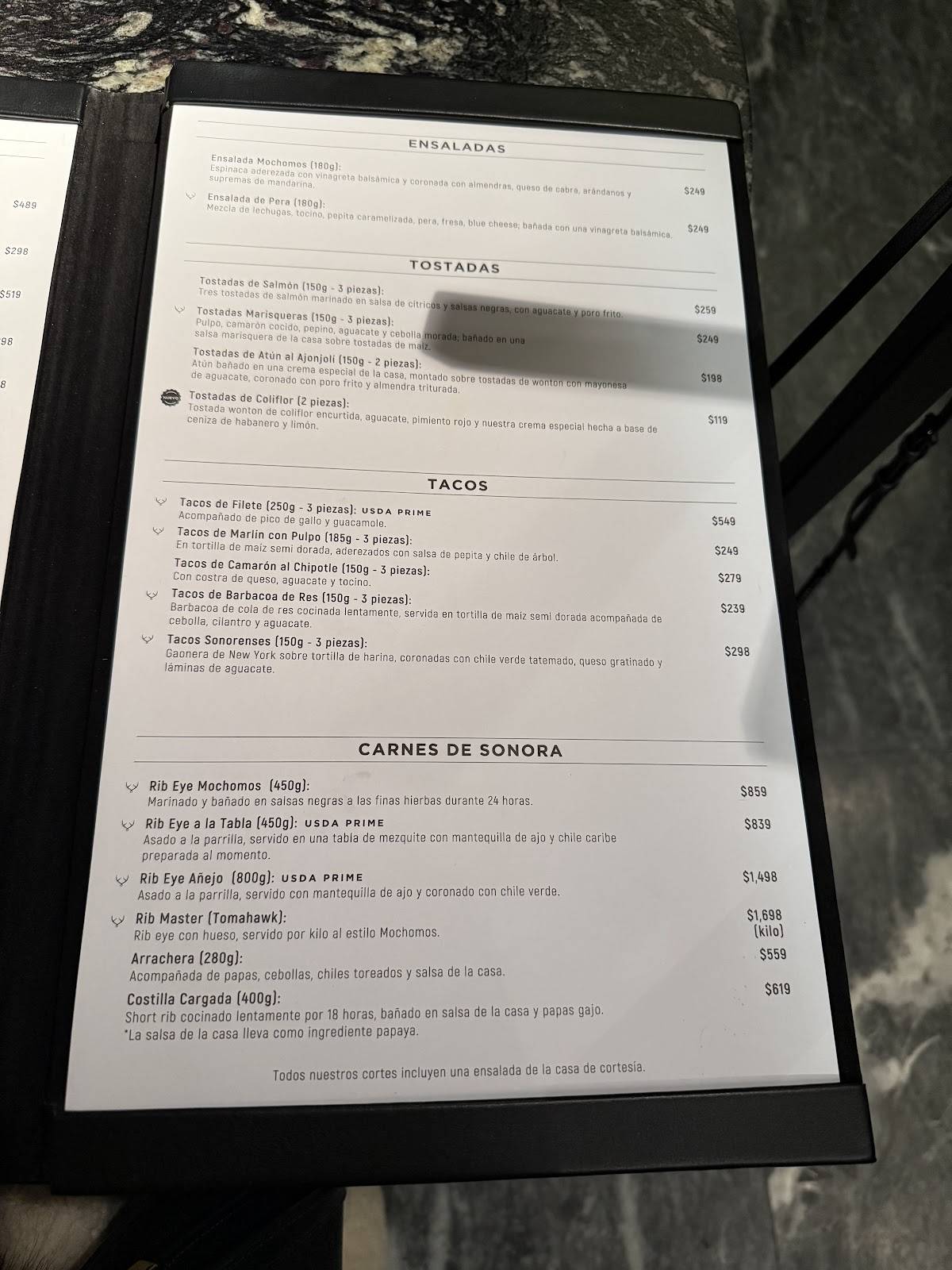 Menu at Mochomos Arcos Bosques restaurant, Mexico City