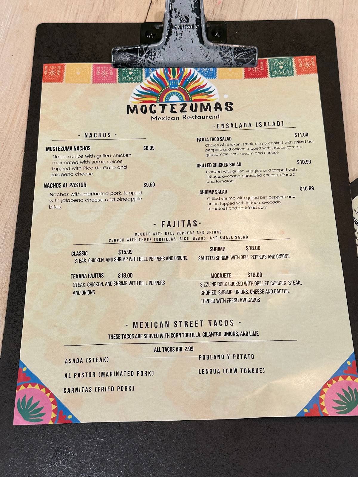 Menu at Moctezuma's Mexican Restaurant, Greer