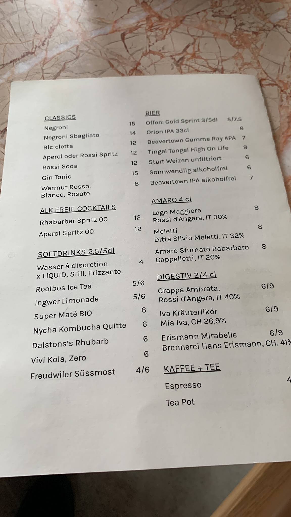 Speisekarte von Modo, Zürich