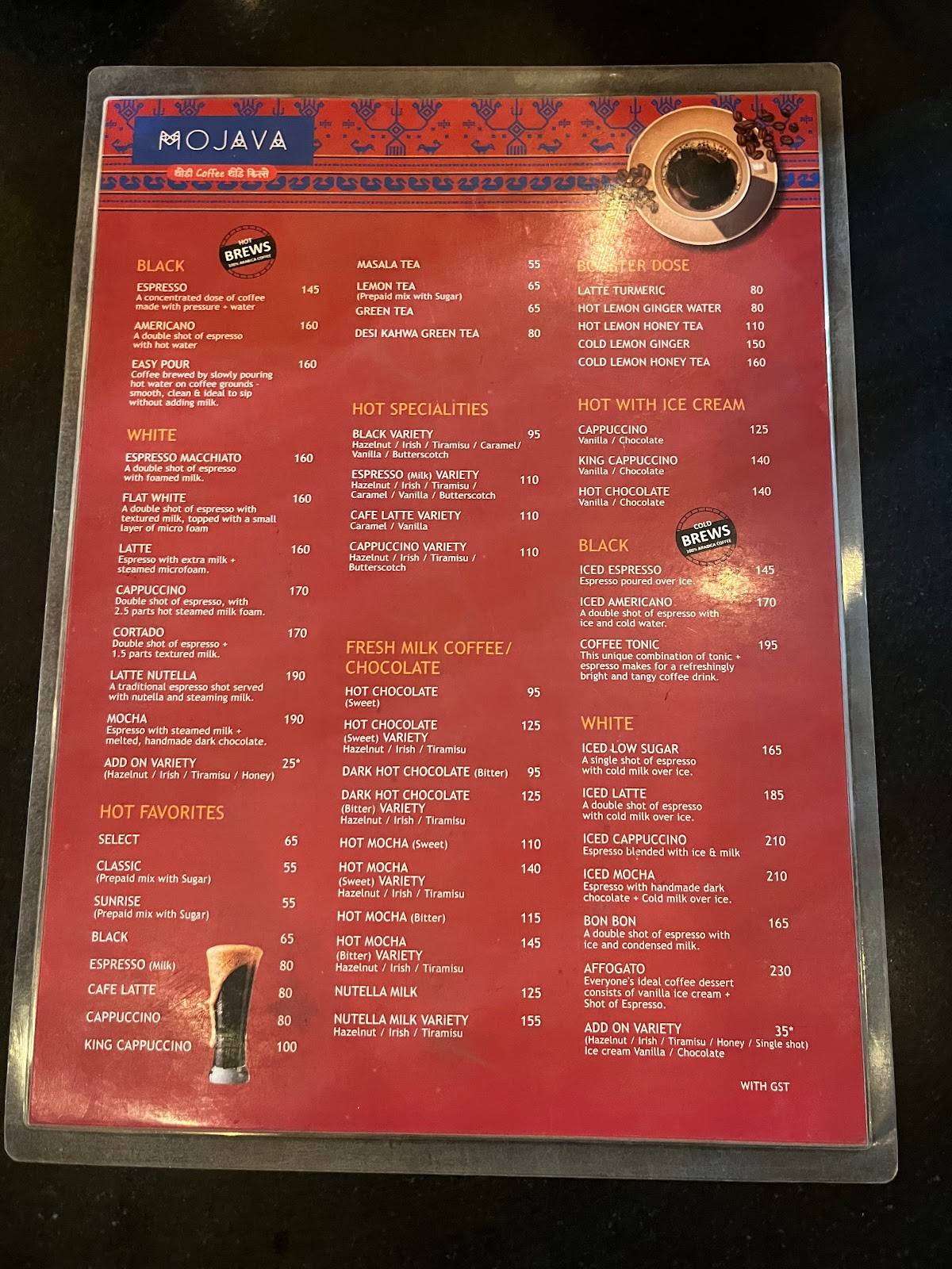 Menu at Mojava (Nescafe Parlor), Surat, opp. Kargil Chowk