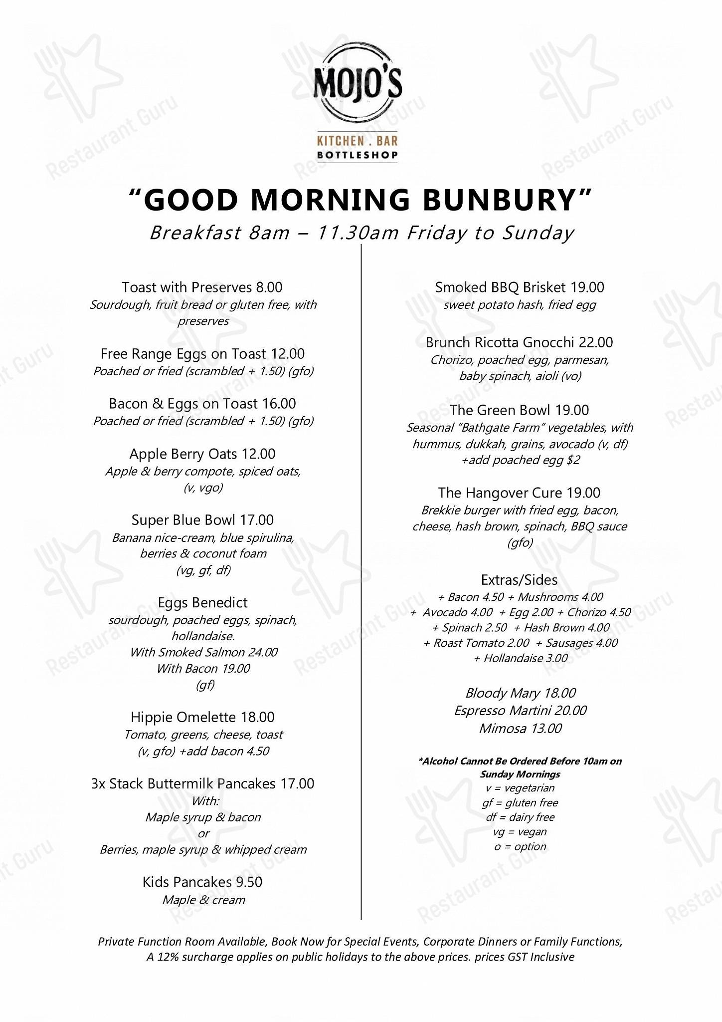 Menu at Mojo's Kitchen, Bar & Bottleshop, Bunbury