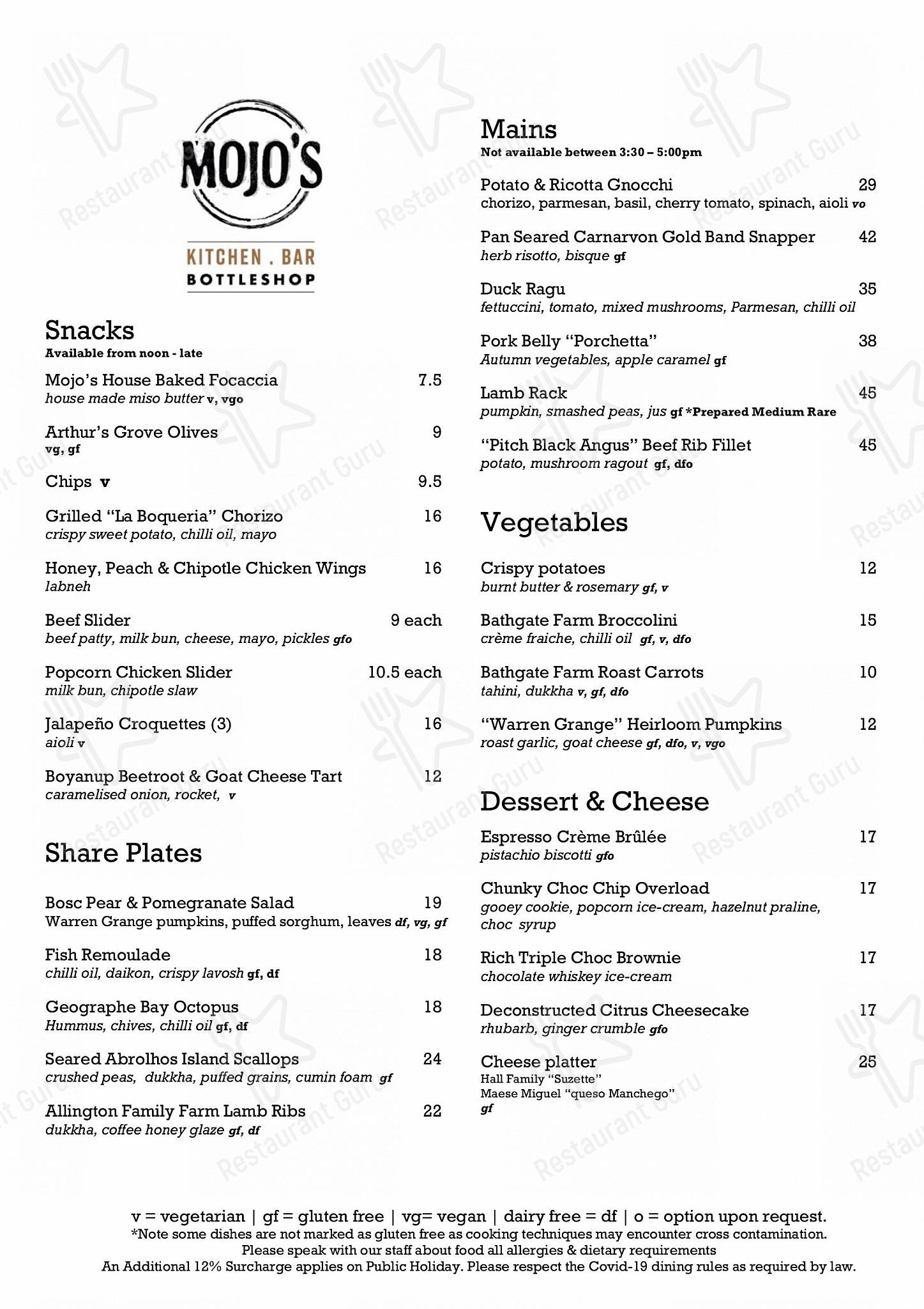 Menu at Mojo's Kitchen, Bar & Bottleshop, Bunbury