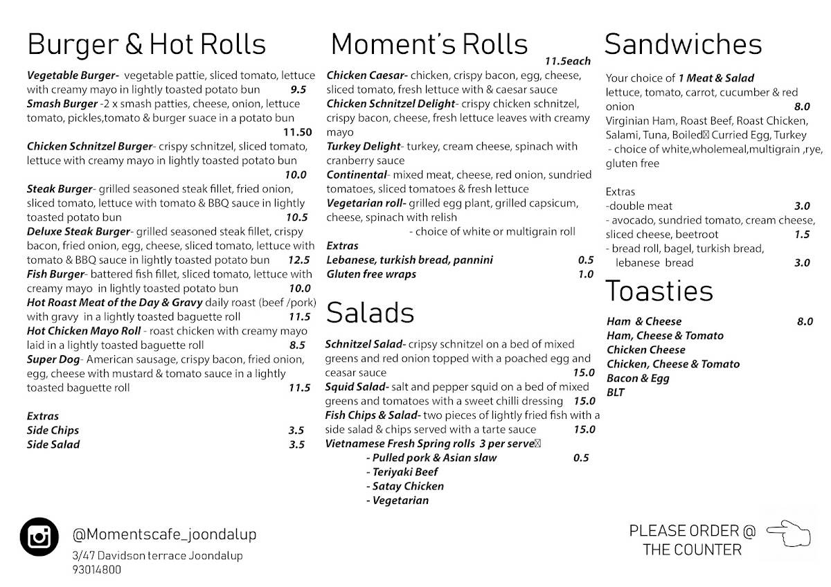 Menu at Moments Cafe, Joondalup