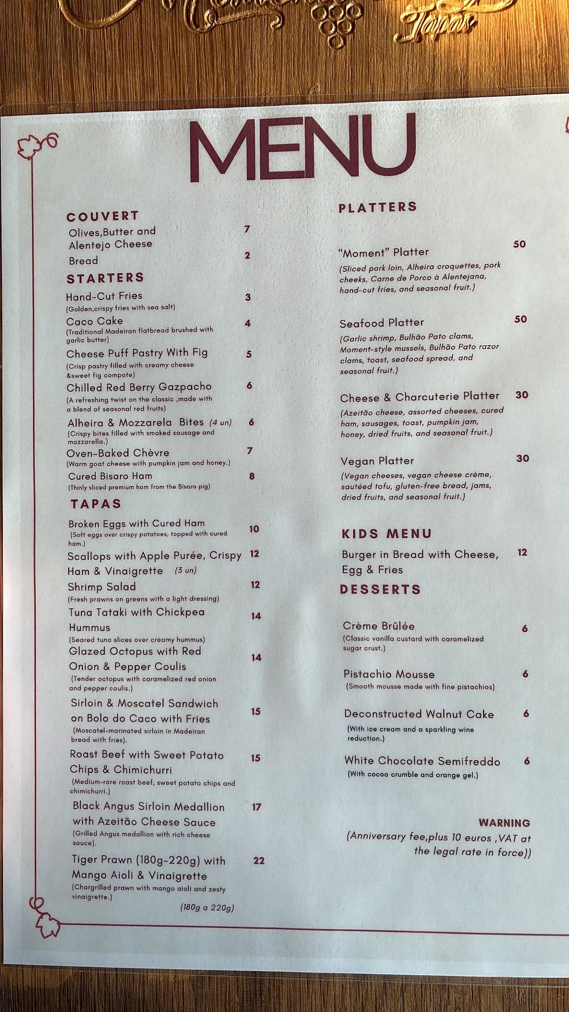 Menu em Moments Lounge restaurante, Palmela