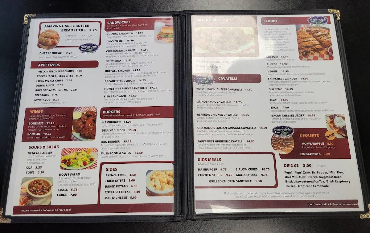 Menu at Mom's Maxwell restaurant, Maxwell