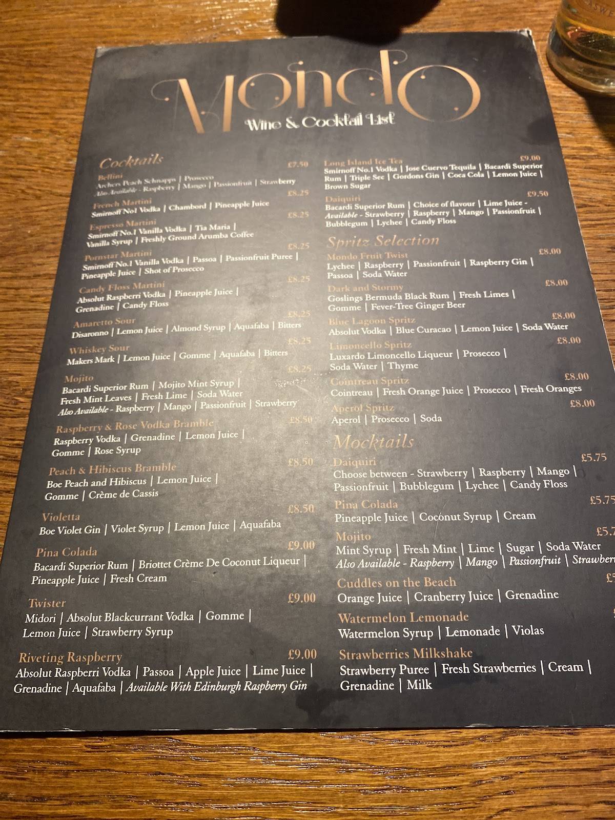 Menu at Mondo Restaurant, Coatbridge
