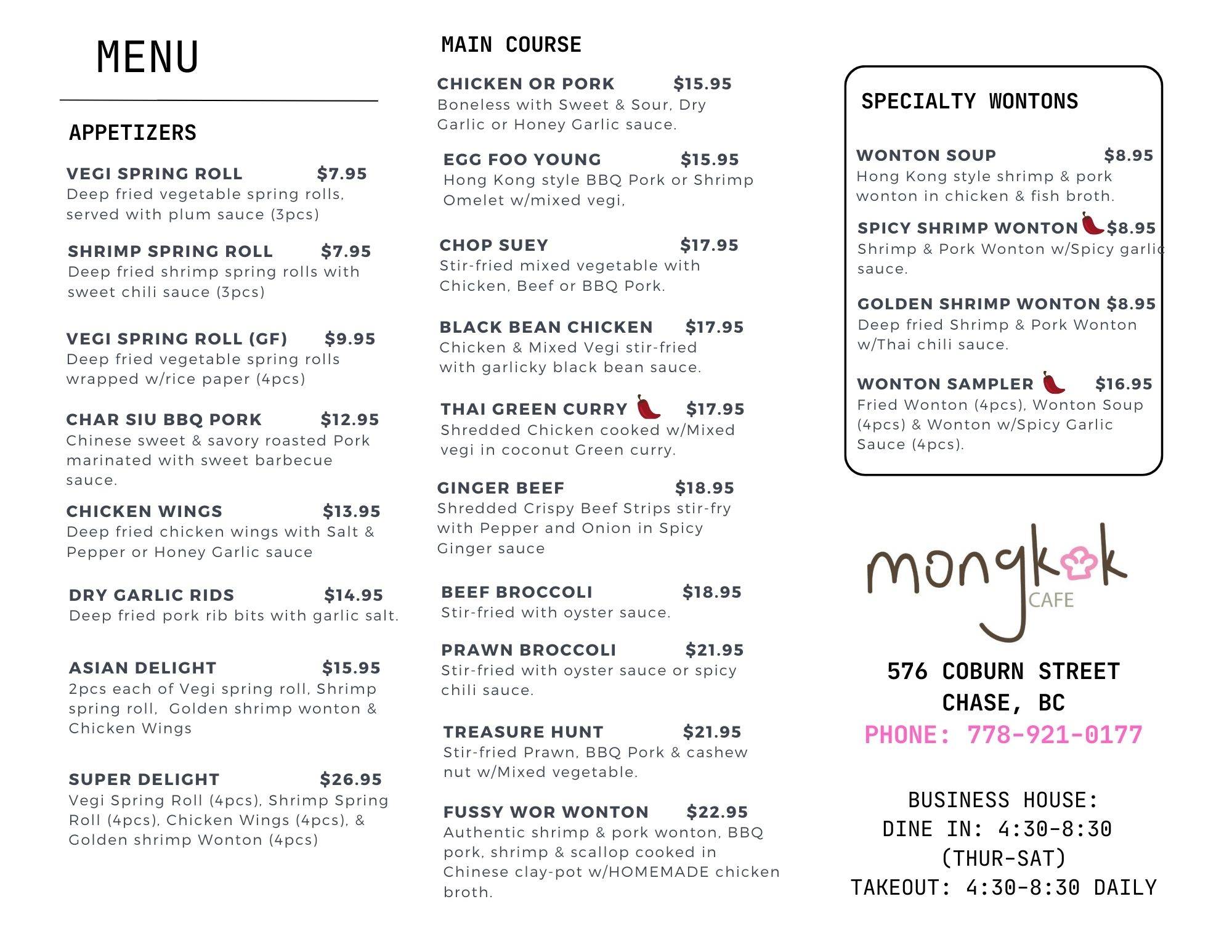 Menu at Mongkok Cafe @Chase Country Inn, Chase