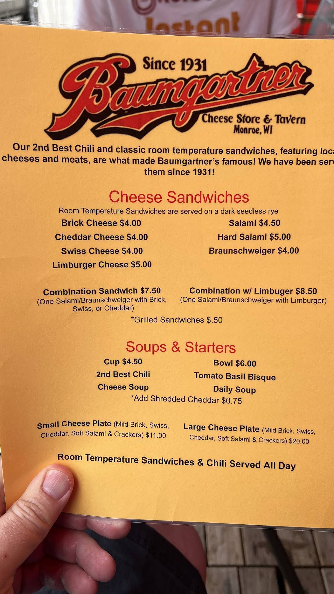 Menu at Baumgartner's Cheese Store & Tavern pub & bar, Monroe