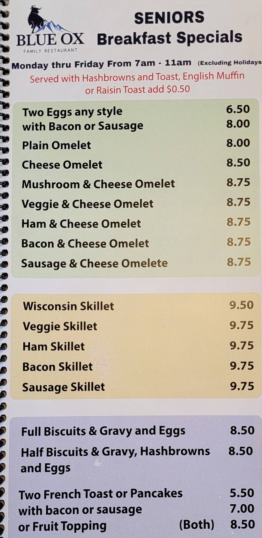 Menu at Blue Ox Restaurant, Monroe