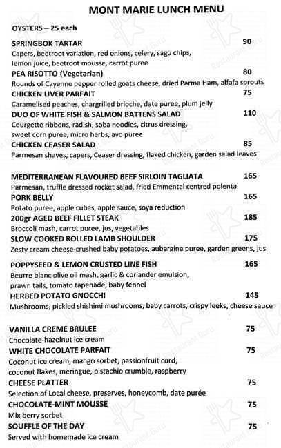 Menu at Mont Marie Restaurant, Stellenbosch