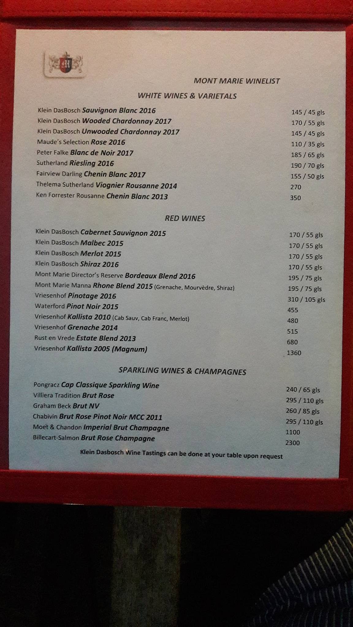 Menu at Mont Marie Restaurant, Stellenbosch