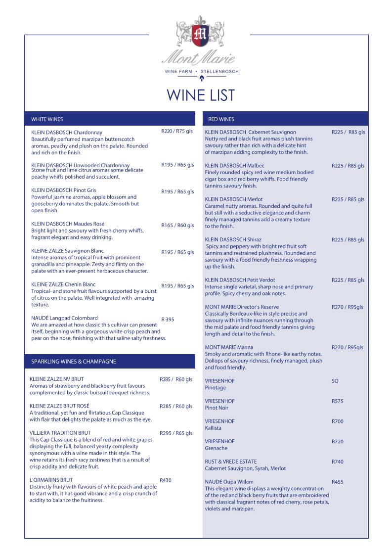 Menu at Mont Marie Restaurant, Stellenbosch