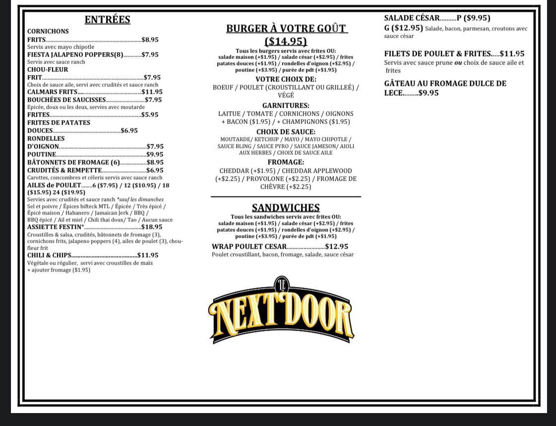 Menu at NextDoor Pub & Grill, Montréal
