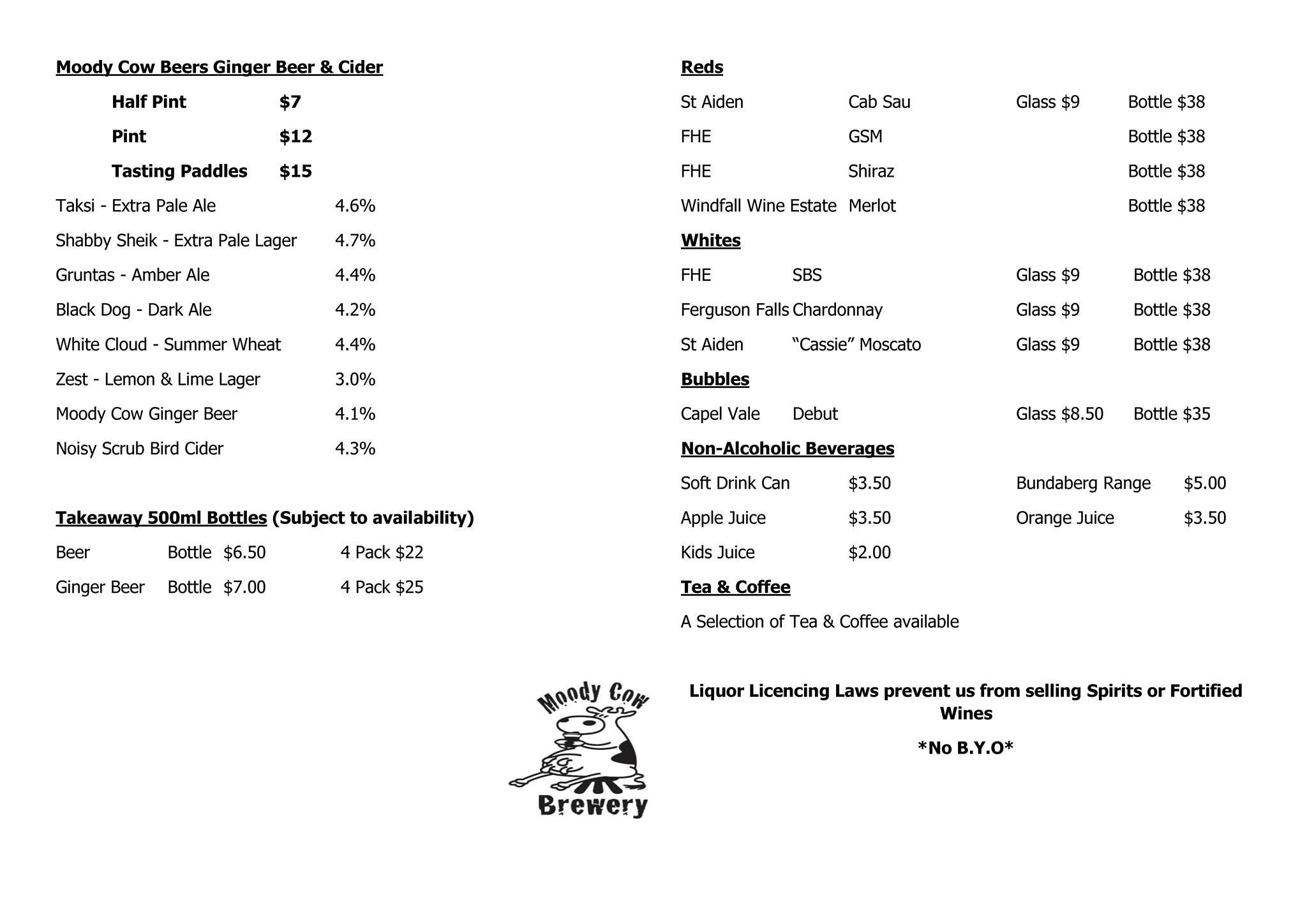 Menu at Moody Cow Brewery restaurant, Dardanup