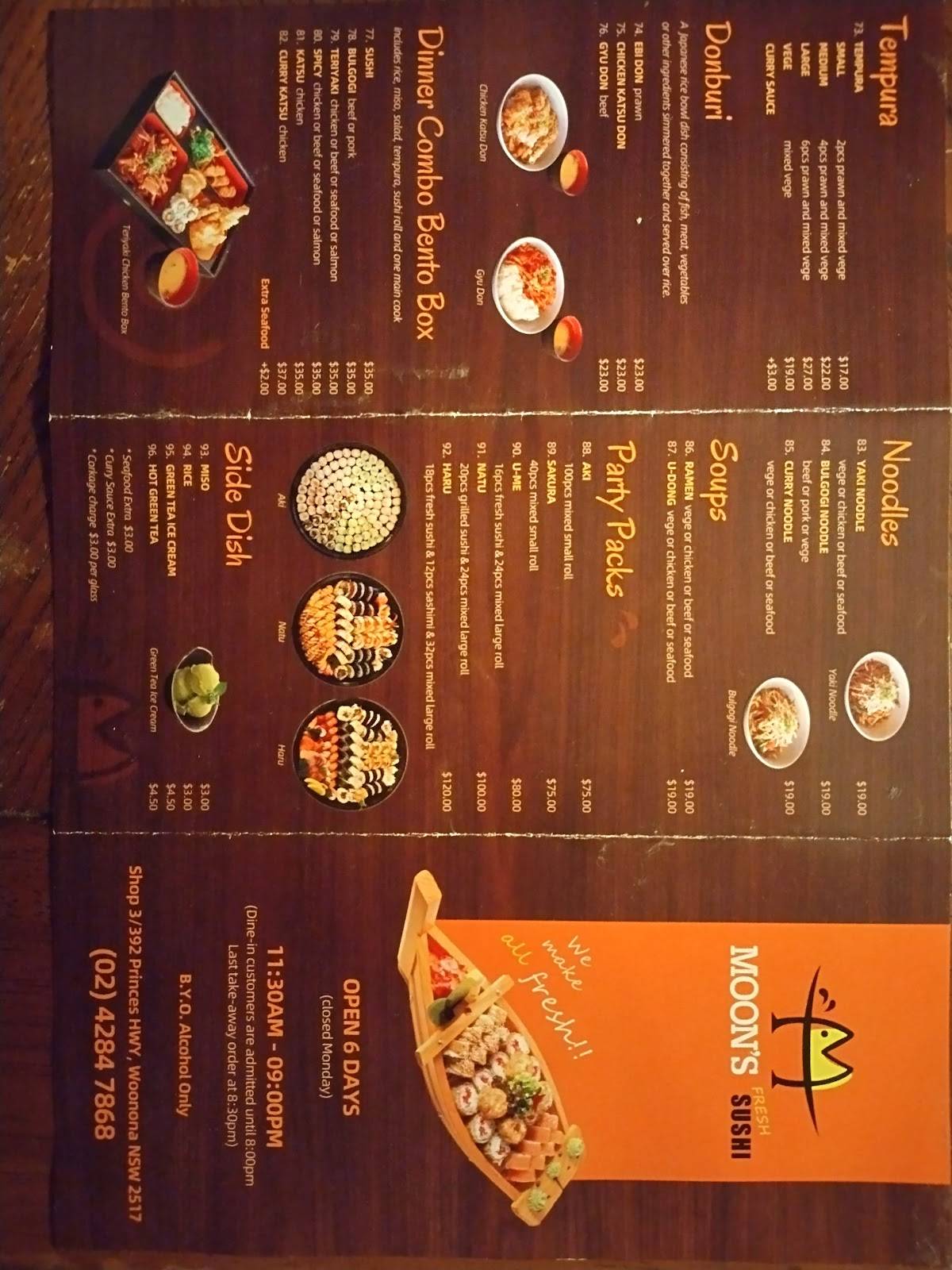 Menu at Moon Sushi restaurant, Woonona