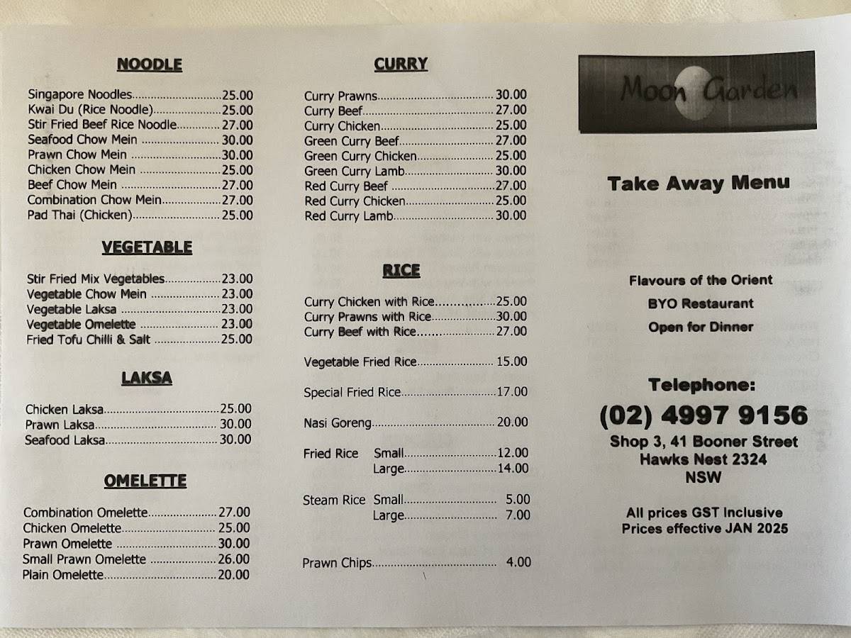 Menu at Moongarden Restaurant, Hawks Nest