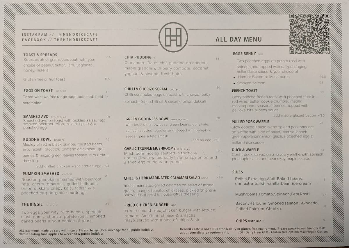 Menu at Hendriks Cafe, Mordialloc