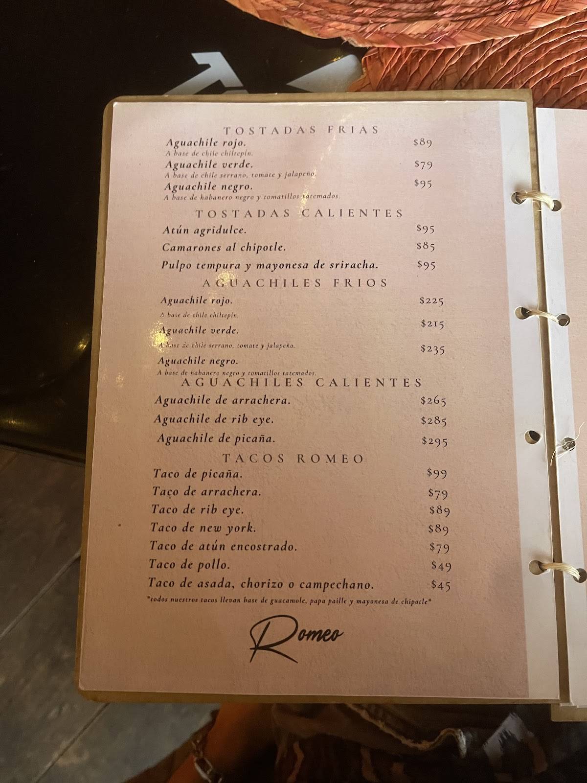 Carta del restaurante Romeo, Morelia